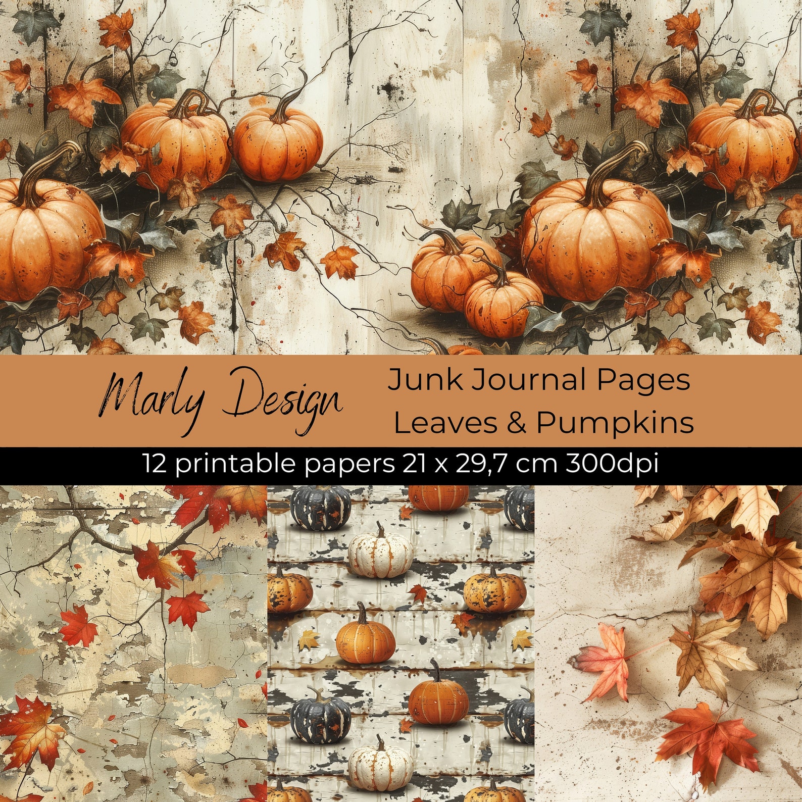 FALL LEAVES & PUMPKINS Junk Journal Pages Backgrounds Vintage Fall ...