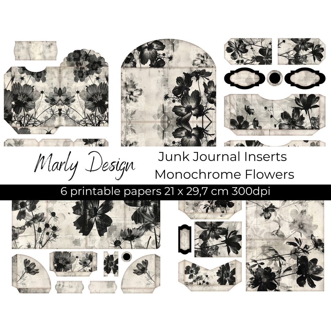 Monochrome Flowers Junk Journal Inserts Folio Envelope Pockets Labels ...