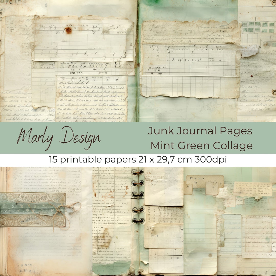 Mint Green Collaged Background Papers Junkjournaling Soft Green Collage ...