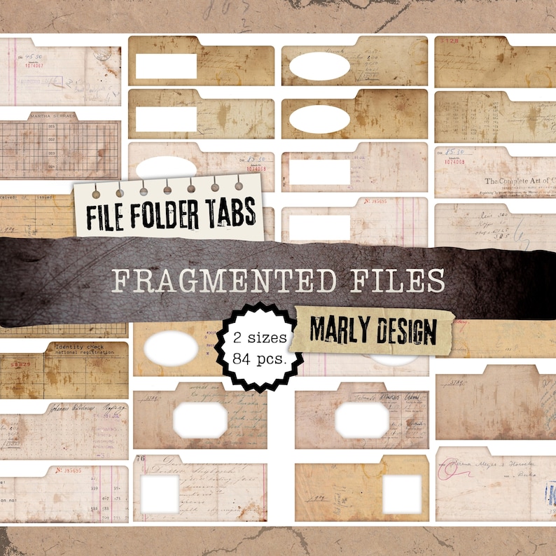 FRAGMENTED FILE Folder Tabs, 9 Vintage Printable Pages, A4 Ephemera for ...