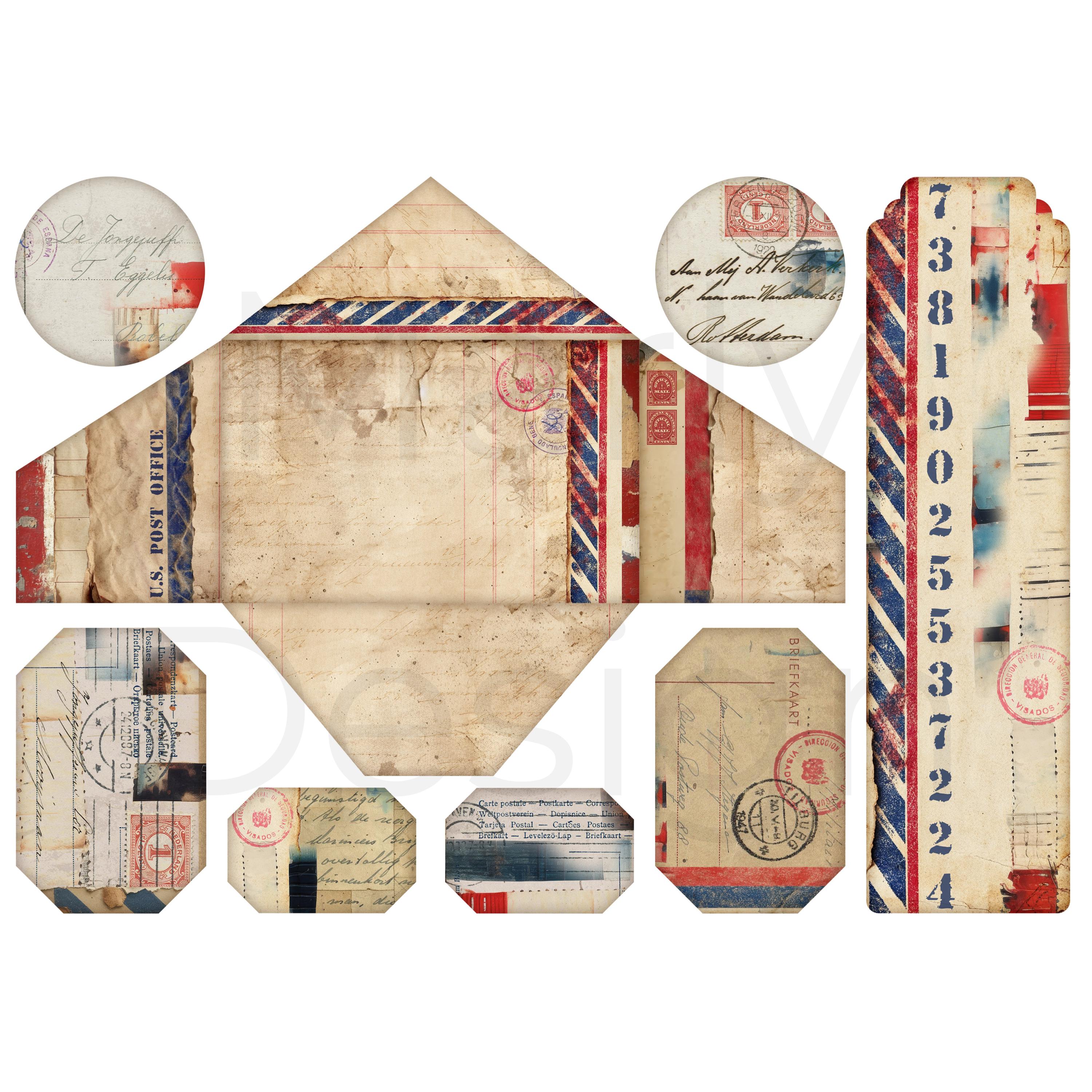 POSTMARKED MEMORIES EPHEMERA, Vintage Postal Theme, Red and Blue, Mail ...