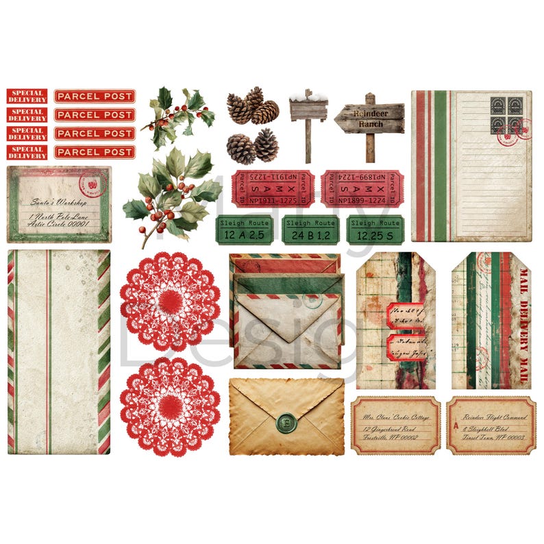 CHRISTMAS COURIER Fussy Cut, Vintage Holiday Printable Kit, Envelopes ...