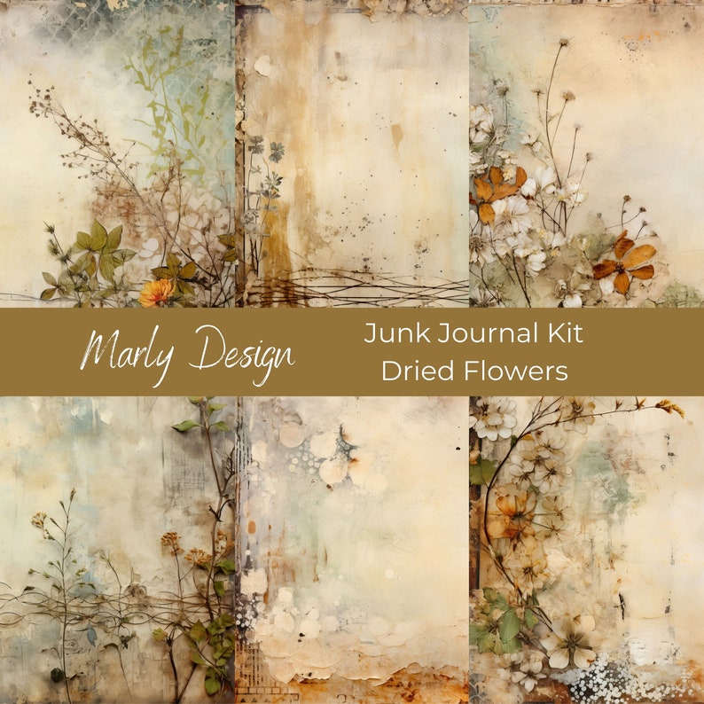 Digital Journal Kit Dried Flowers Green Orange Neutral Leaves Collage ...