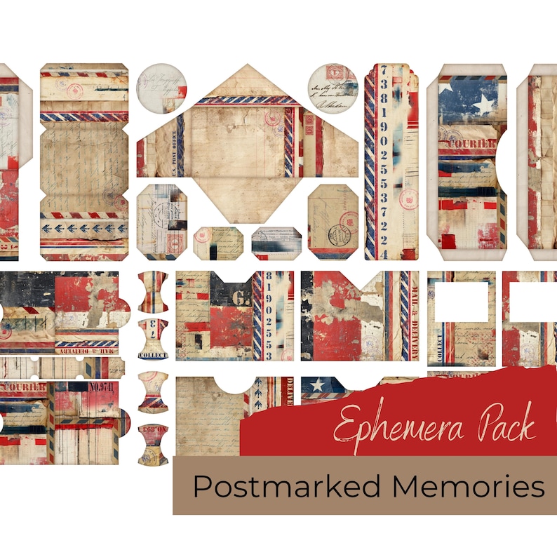 POSTMARKED MEMORIES EPHEMERA, Vintage Postal Theme, Red and Blue, Mail ...