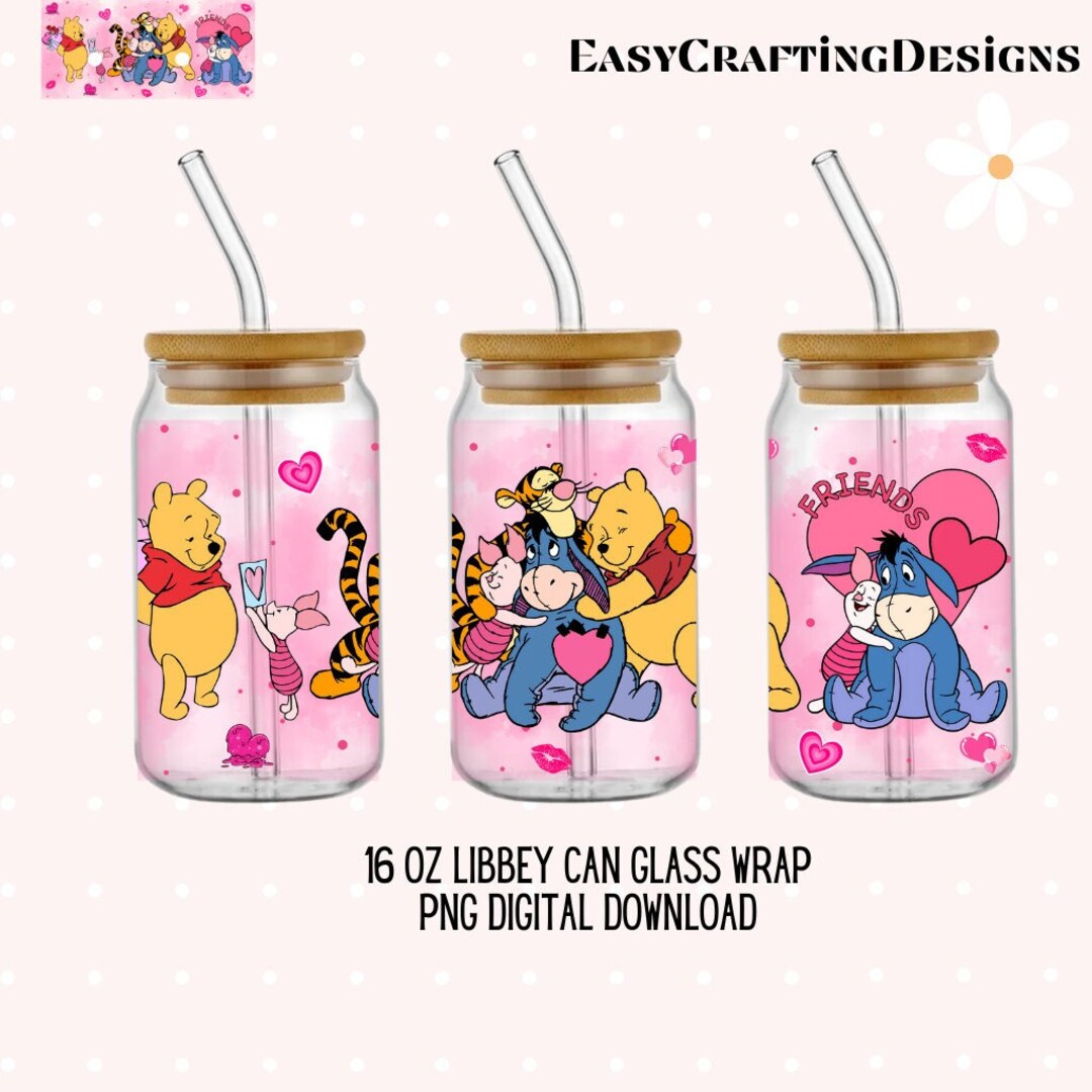 16 Oz Libbey Glass Can UVDTF Wrap Design, Pooh and Friends Libbey Cup ...