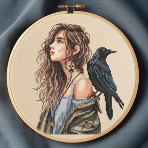 Raven Cross Stitch Pattern, Crow Cross Stitch Pattern, Girl Cross ...