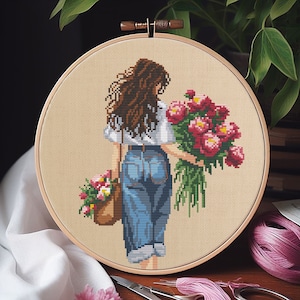 Flower Cross Stitch Pattern, Cross Stitch Flower, Girl Cross Stitch ...