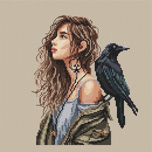 Raven Cross Stitch Pattern, Crow Cross Stitch Pattern, Girl Cross ...
