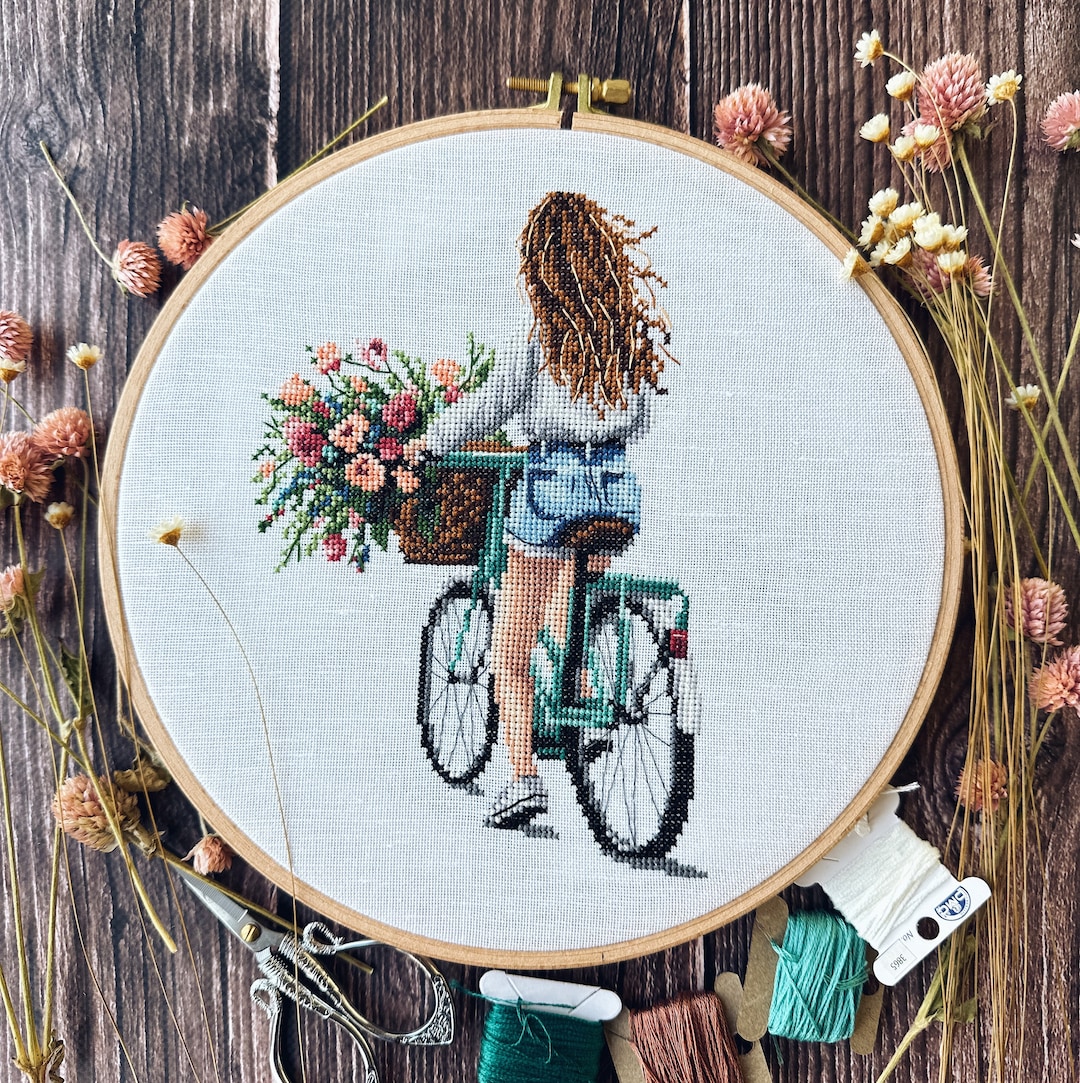 Girl on Bike Cross Stitch Pattern, Cross Stitch Pattern Flower, Count ...