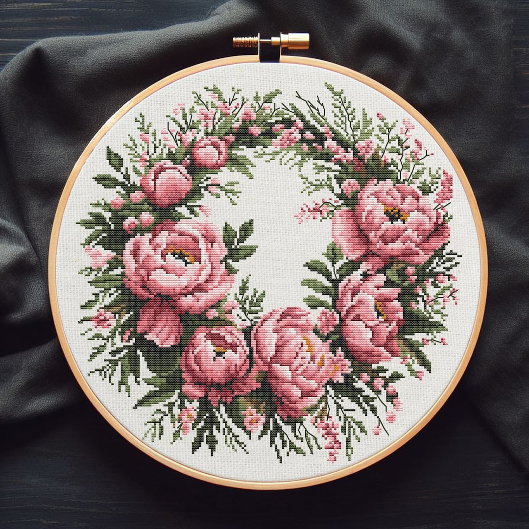 Pink Peony Wreath Cross Stitch Pattern, Cross Stitch, Cross Stitch Kit ...