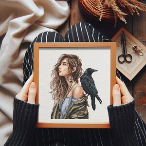 Raven Cross Stitch Pattern, Crow Cross Stitch Pattern, Girl Cross ...