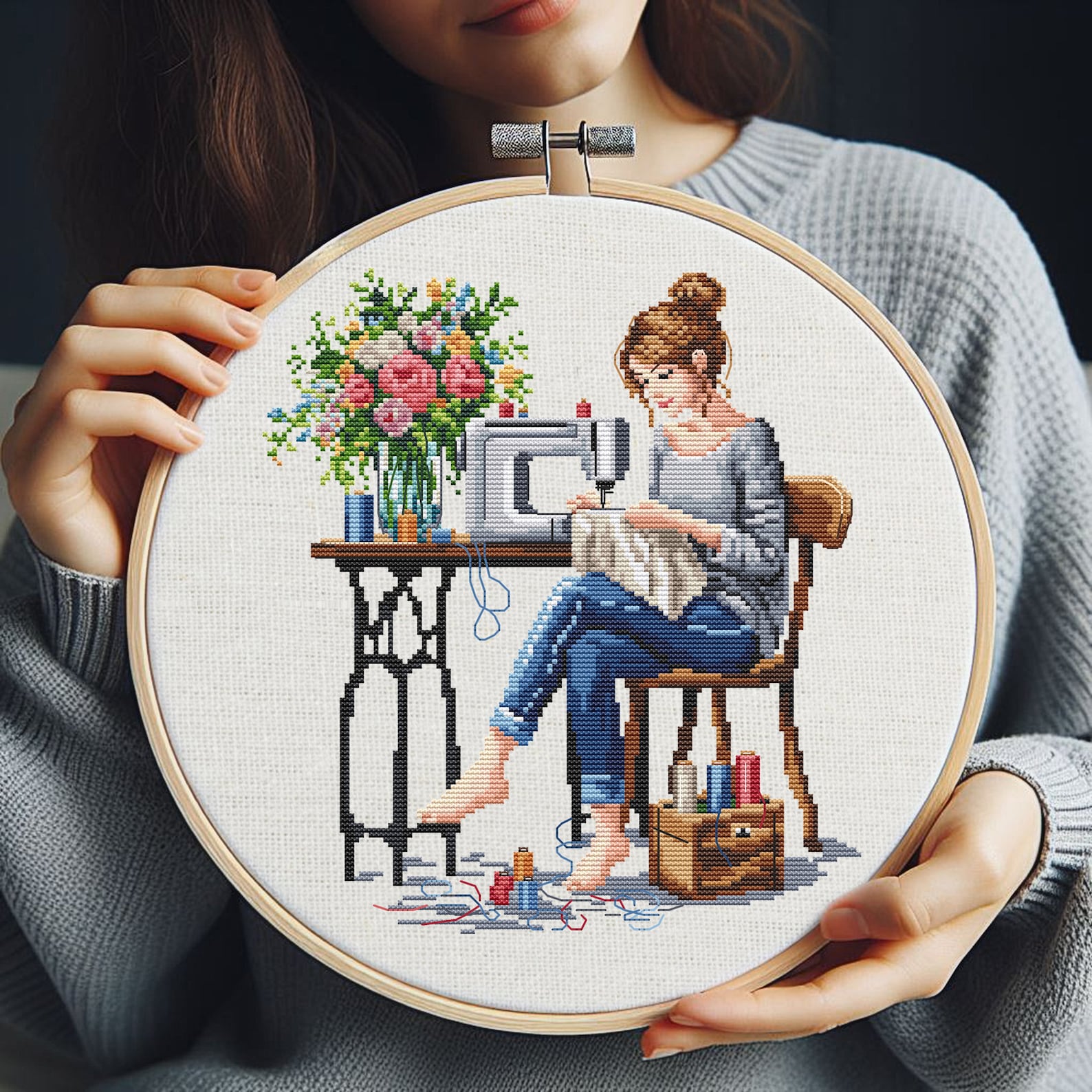 Sewing Girl Cross Stitch Pattern, Craft Room Decor (digital PDF) - Etsy