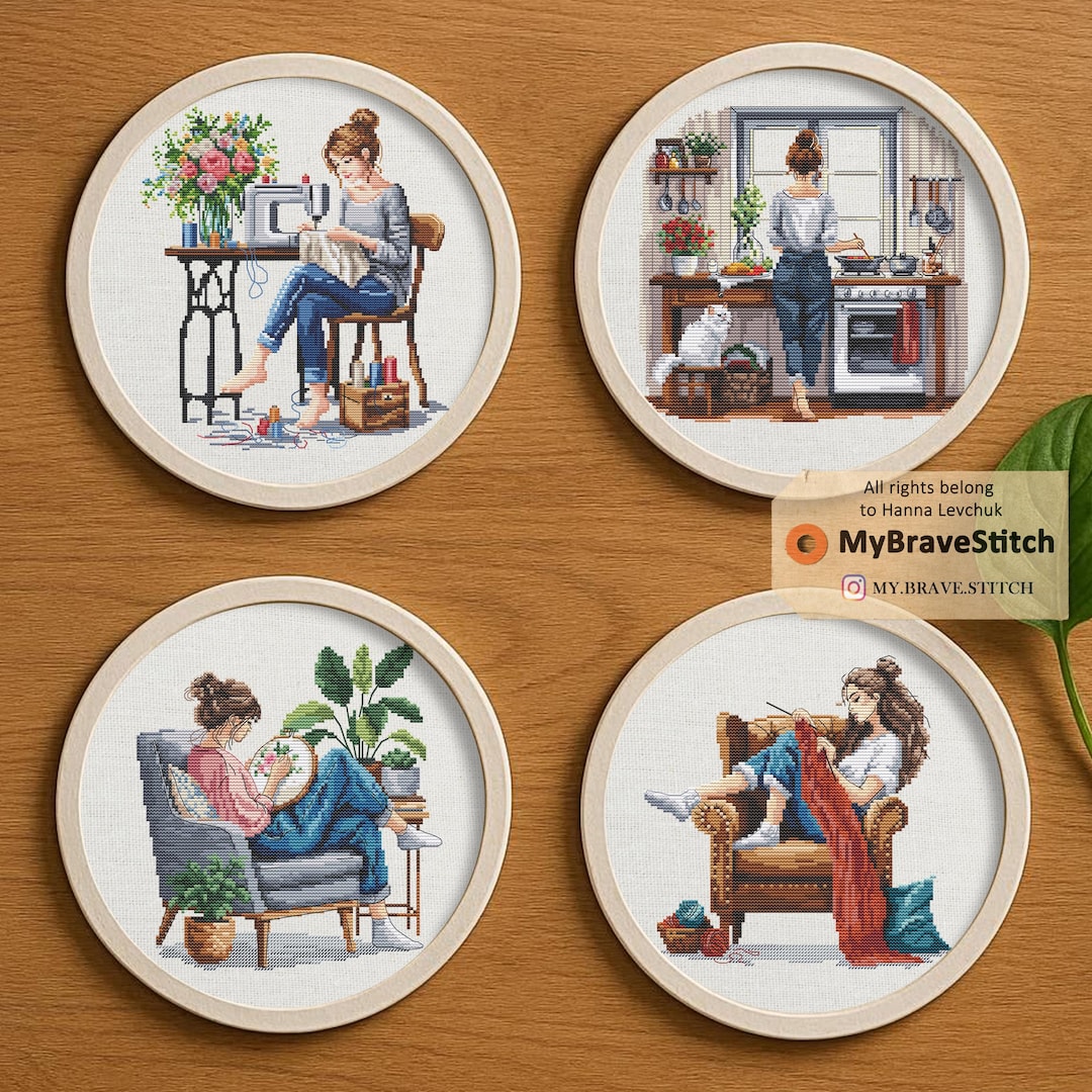 Girl Hobby Cross Stitch Pattern Set: Sewing, Cooking, Knitting (PDF ...