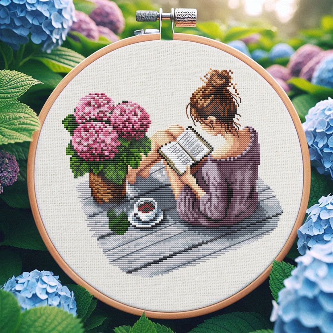 Reading Girl Cross Stitch Pattern, Punto De Cruz, Cross Stitch Pattern ...