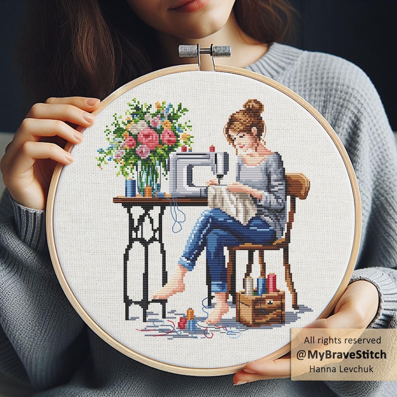 Sewing Girl Cross Stitch Pattern, Craft Room Decor (digital PDF) - Etsy
