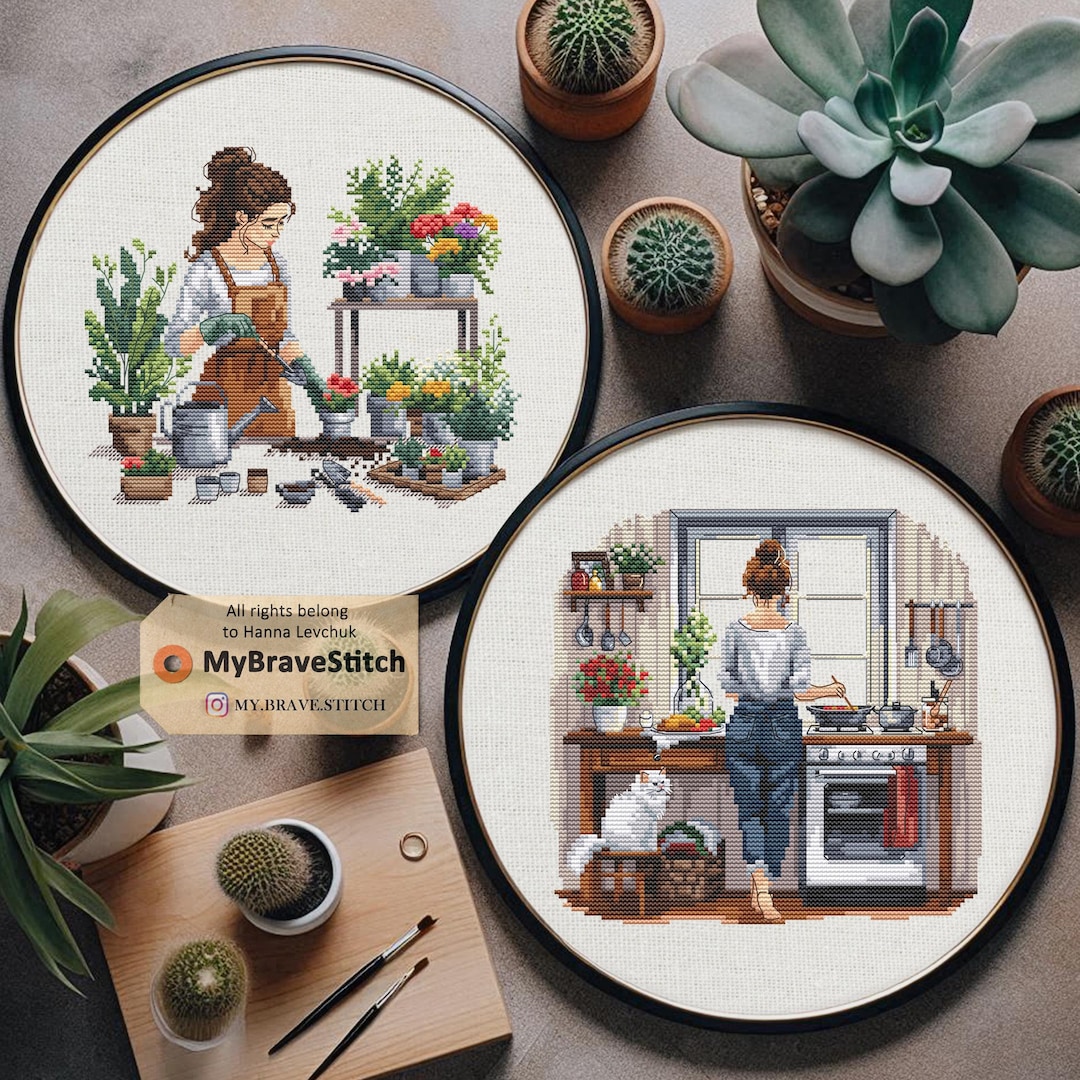 Set of Two Gardening and Cooking Girls Cross Stitch Pattern (PDF ...