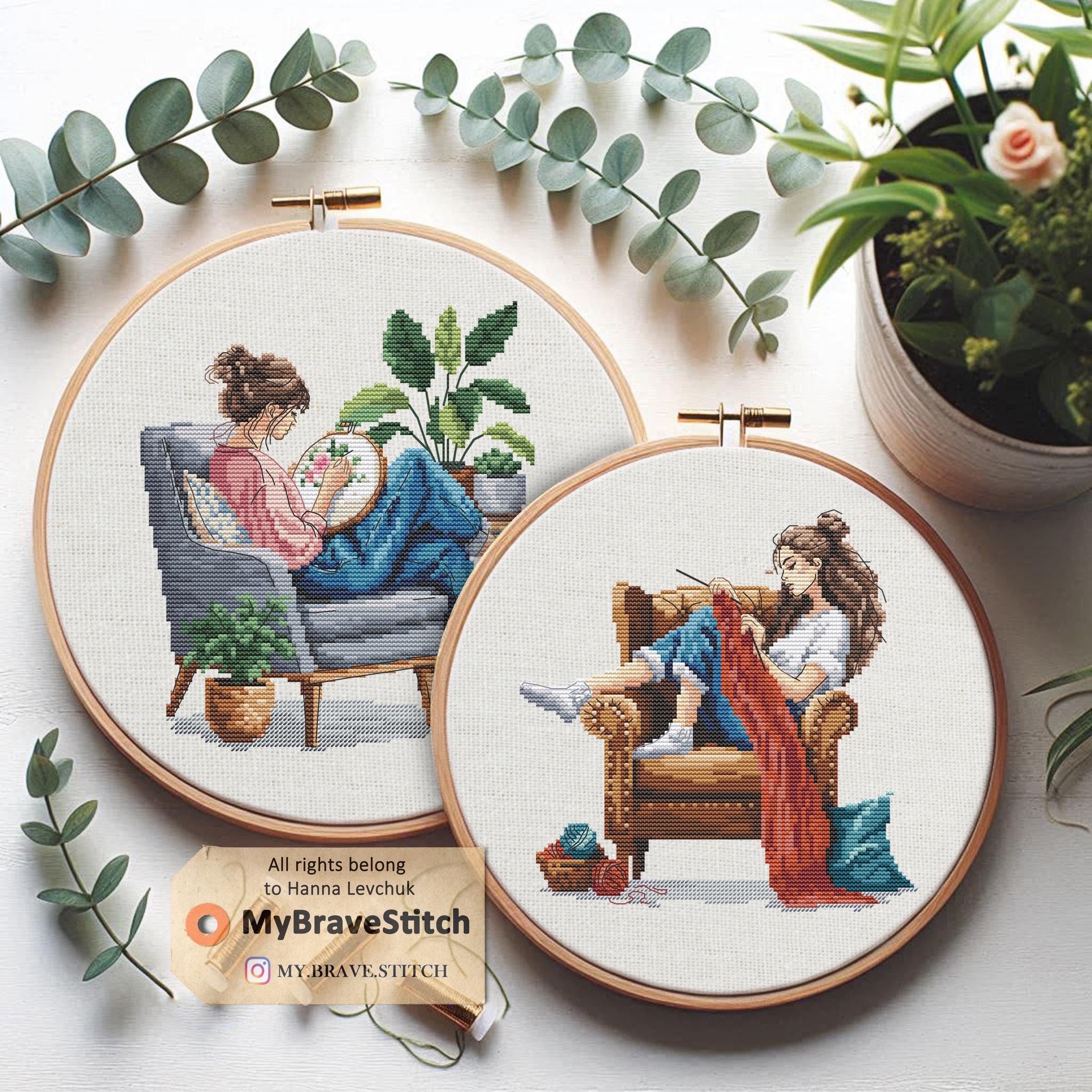 Set of Two Cross Stitch Patterns, Knitting & Cross-stitching Girls (PDF ...