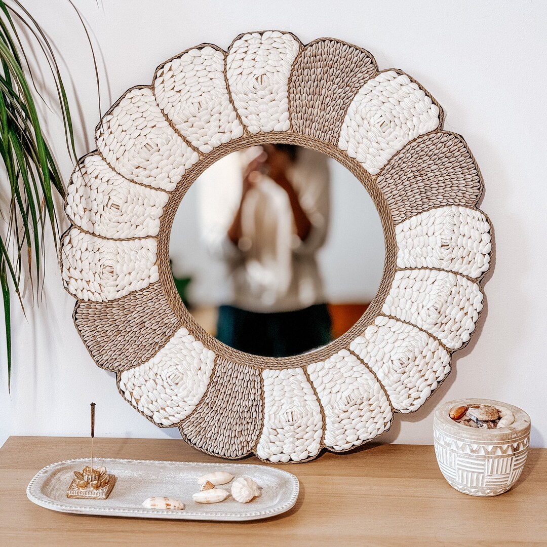Coastal Round Mirror With Shells Mirror Beach Cottage Wall Art With ...