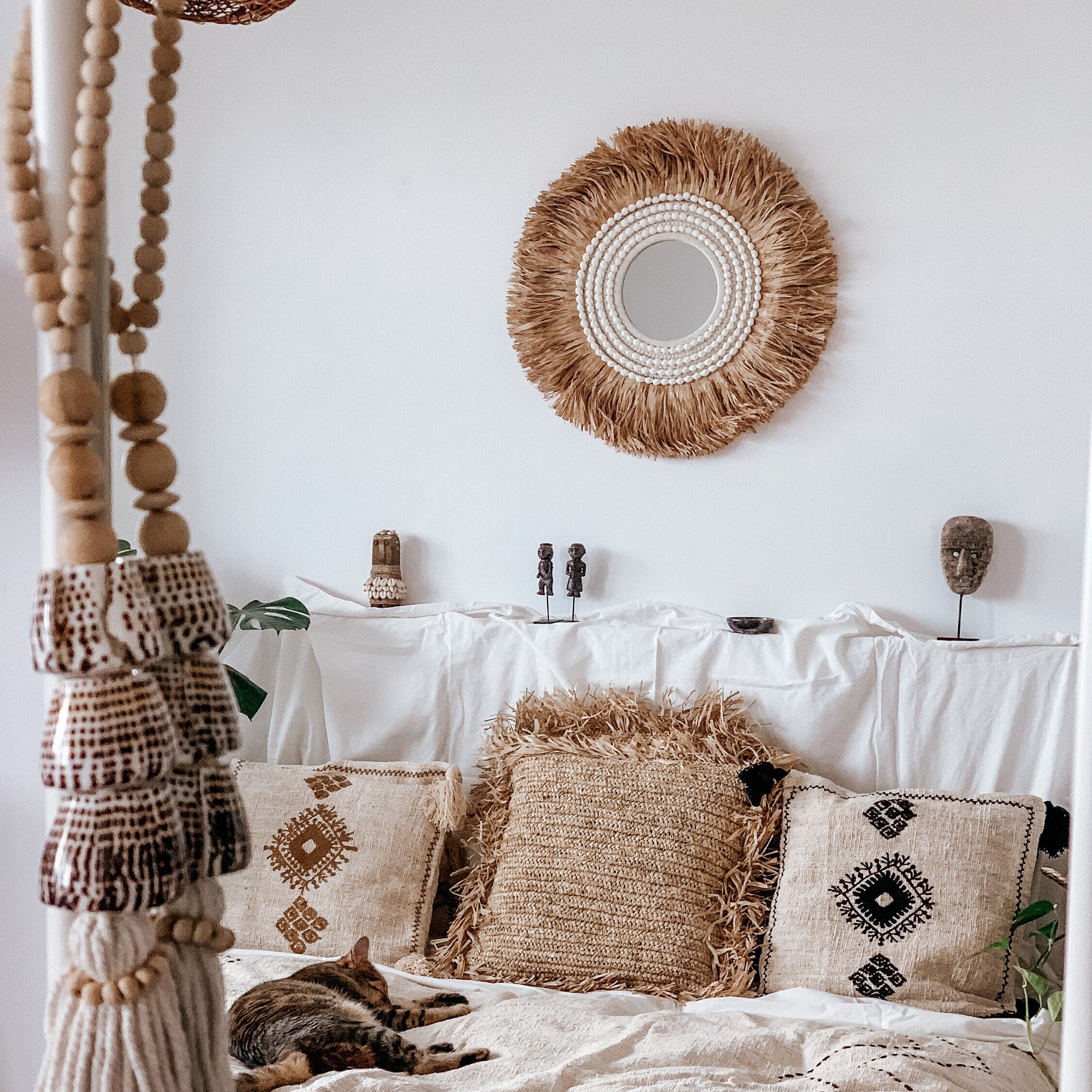Balinese Round Mirror Raffia and Shells Wall Hanging Raffia Mirror ...