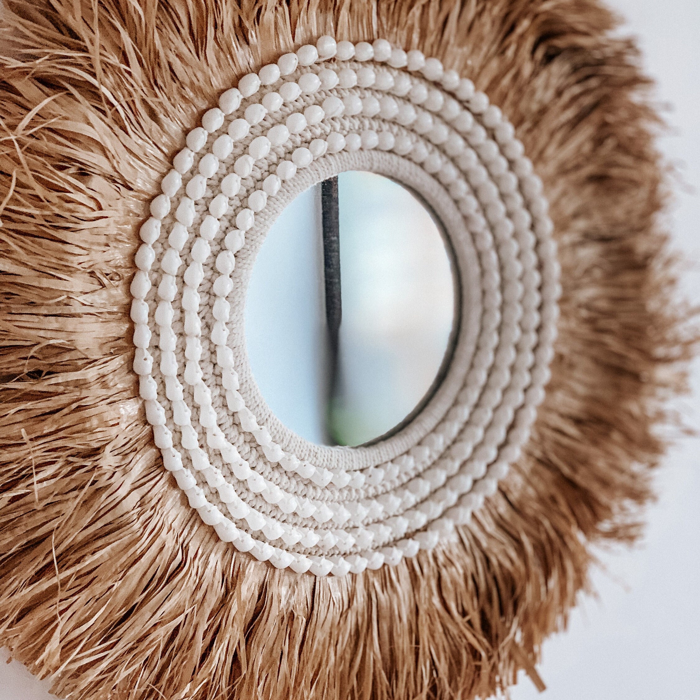 Balinese Round Mirror Raffia and Shells Wall Hanging Raffia Mirror ...