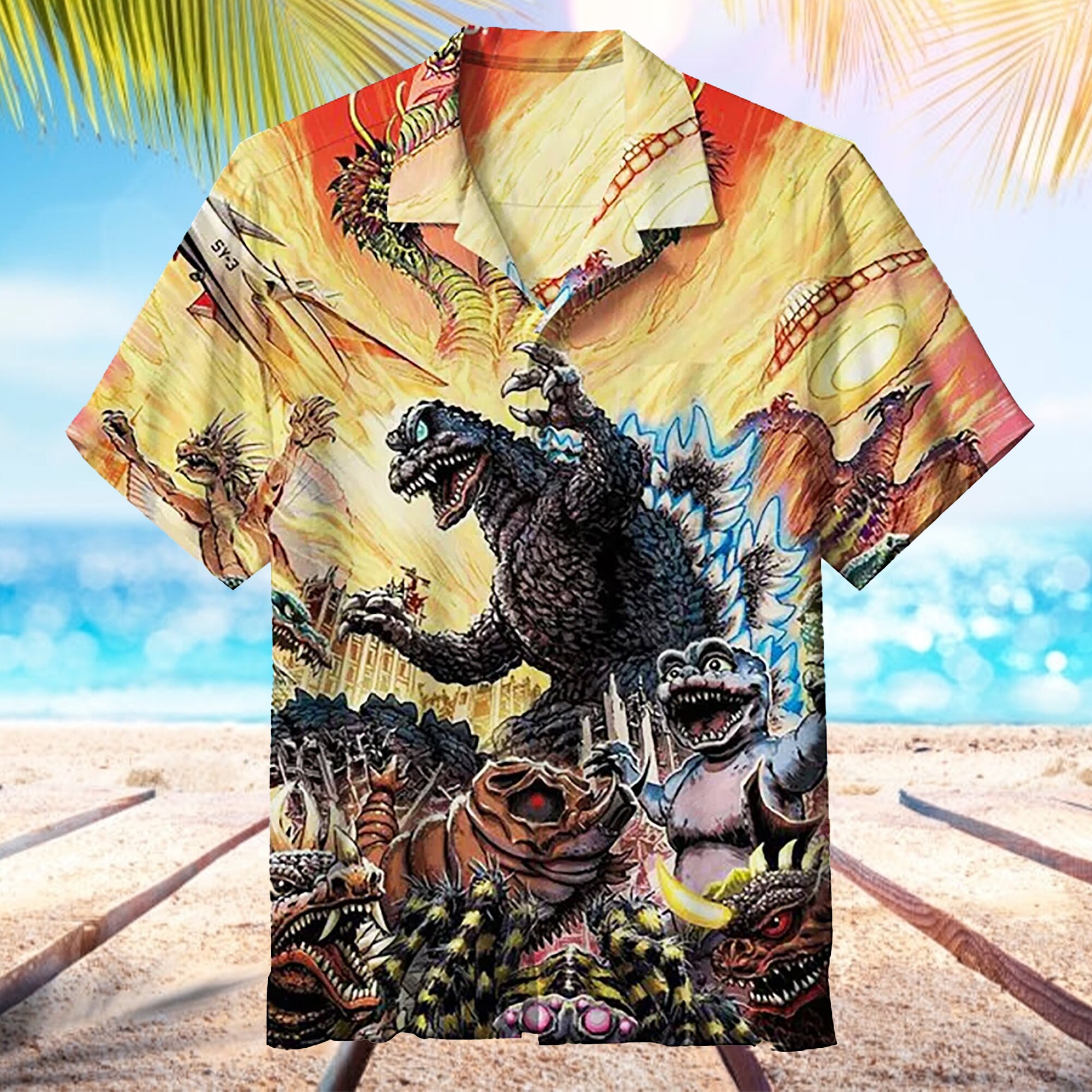 Godzilla Hawaiian Shirt, Godzilla Button Shirt, Vintage Hawaii Beach ...