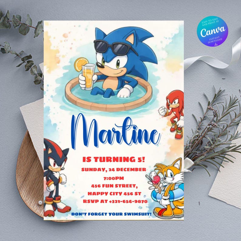 Sonic Pool Party Birthday Invitation, Editable Sonic Canva Template ...