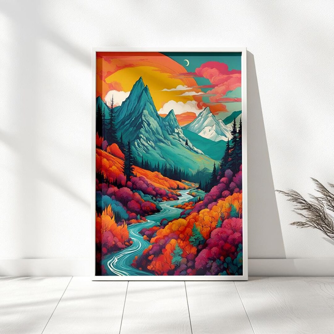 Colorful Nature Art Print, Mountain Illustration Art Print, Nature and ...