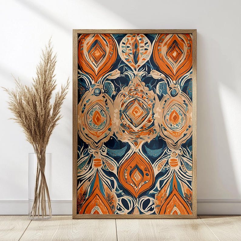 Bohemian Art Print, Beige and Blue Bohemian Pattern Wall Decor, Boho ...