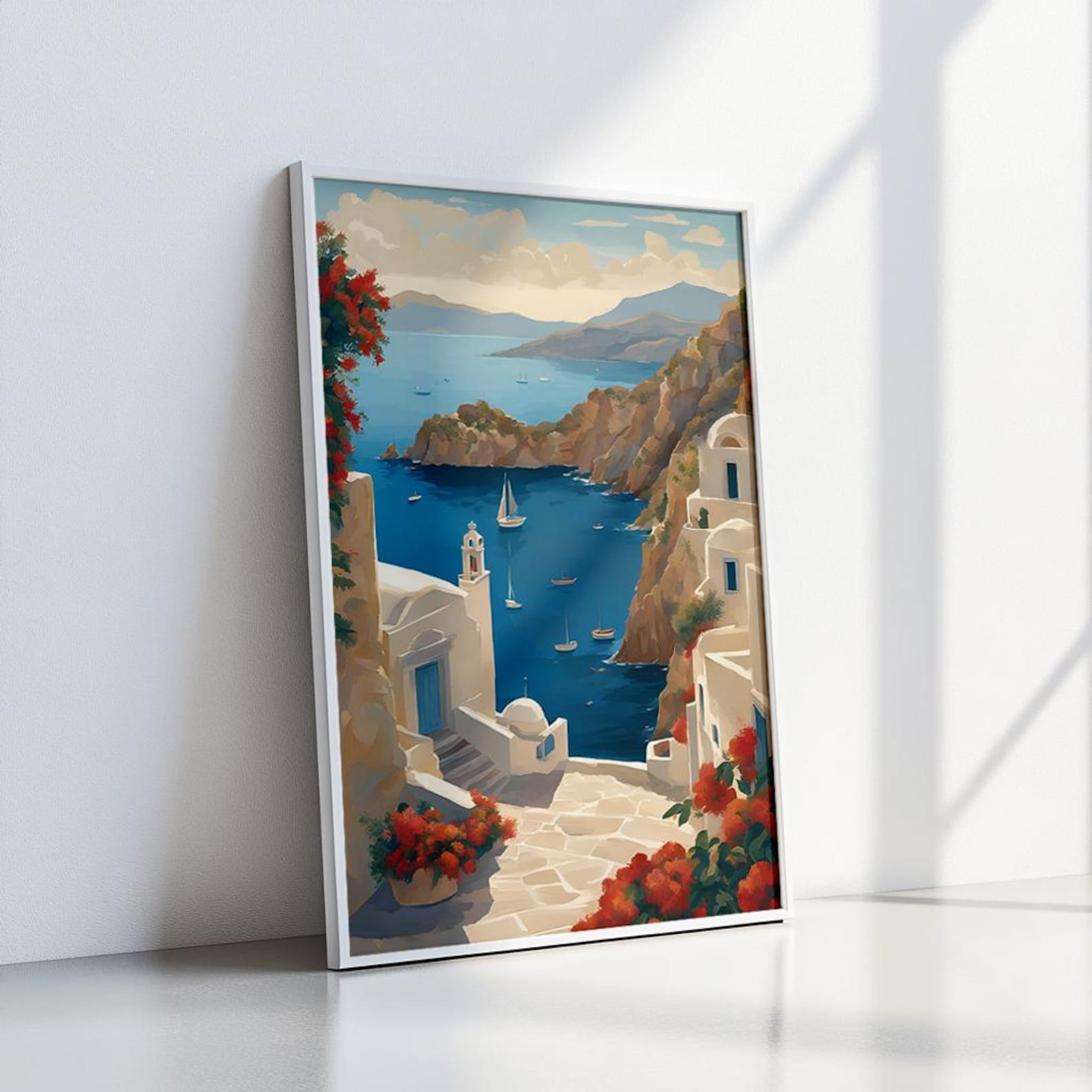 Greek Island Coastal Art Print: Tranquil White Architecture and Vibrant ...