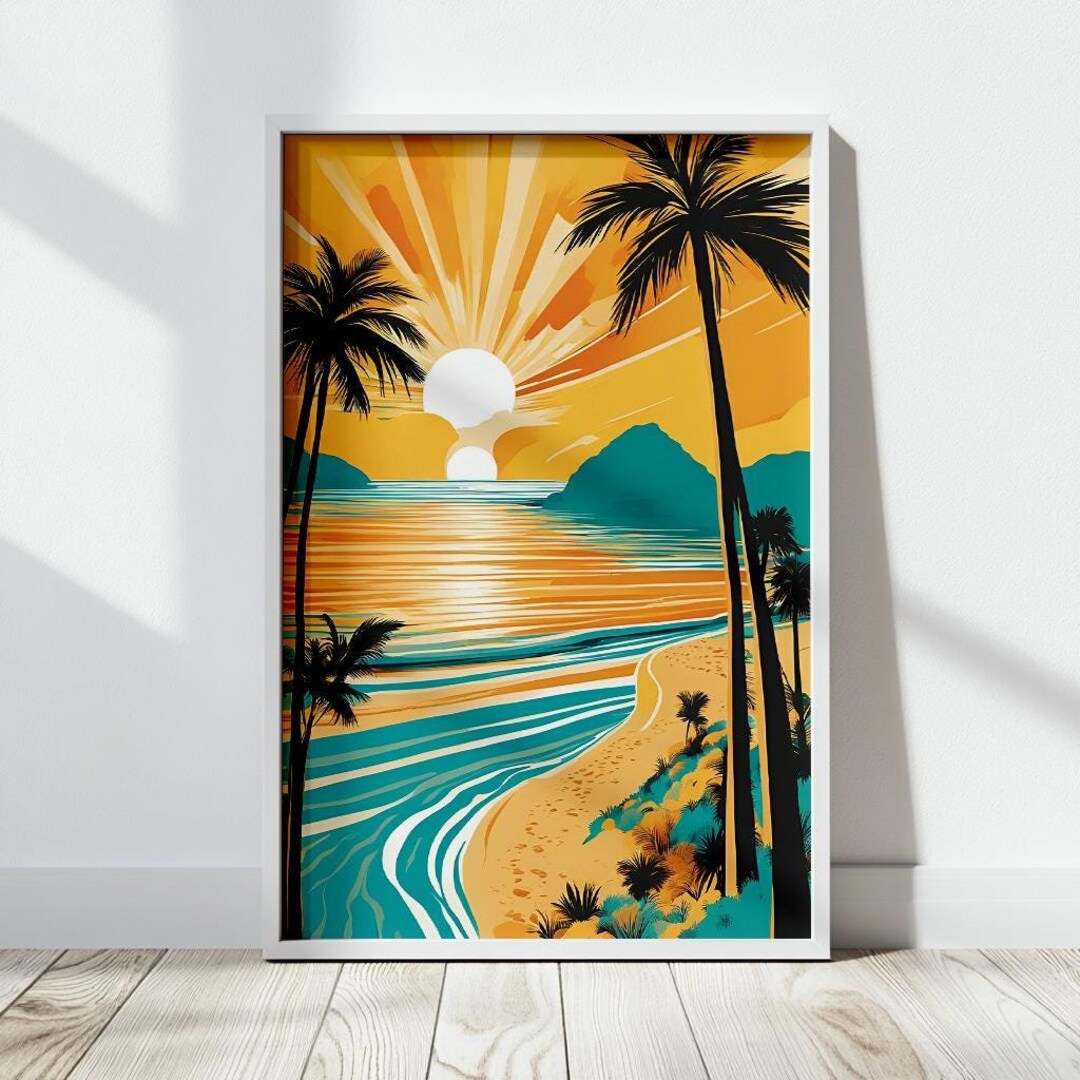 Sunset Beach Illustration Art Print Vibrant Coastal Landscape Art for Home Decor, Ocean Sunrise ...