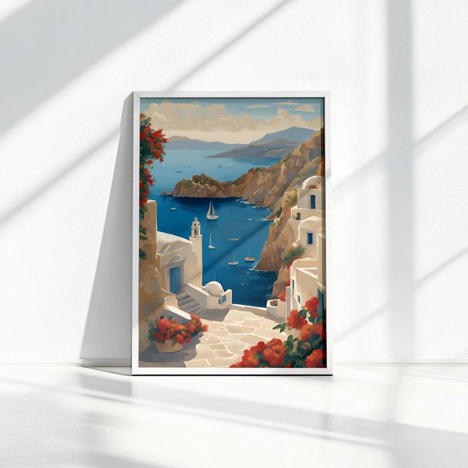 Greek Island Coastal Art Print: Tranquil White Architecture and Vibrant ...