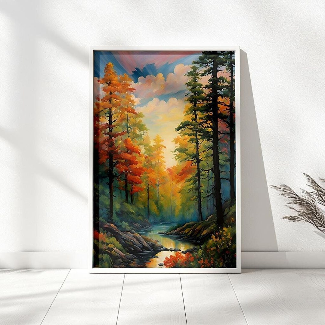 Serene Autumn Forest Art Print, Tranquil Stream Art Print, Fall ...