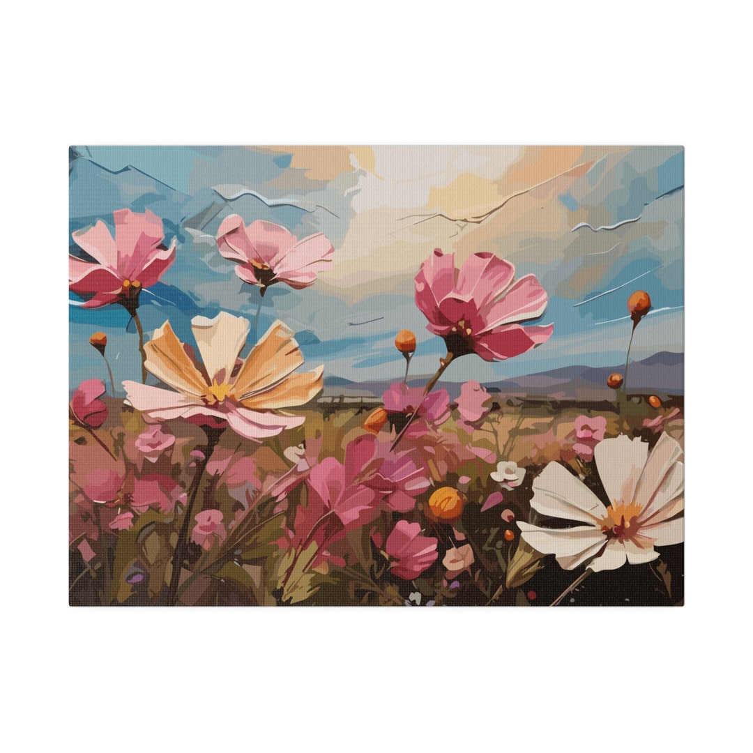 African Cosmos Abstract Print of Pink and Orange Flowers Against a Blue ...