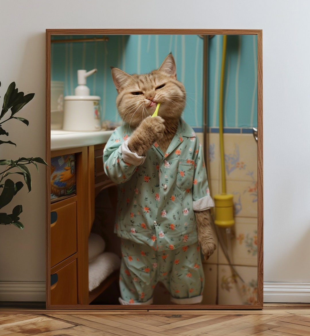 A Cat in Pajamas Brushing Its Teeth Wall Art, Picture,cat Wall Art ...