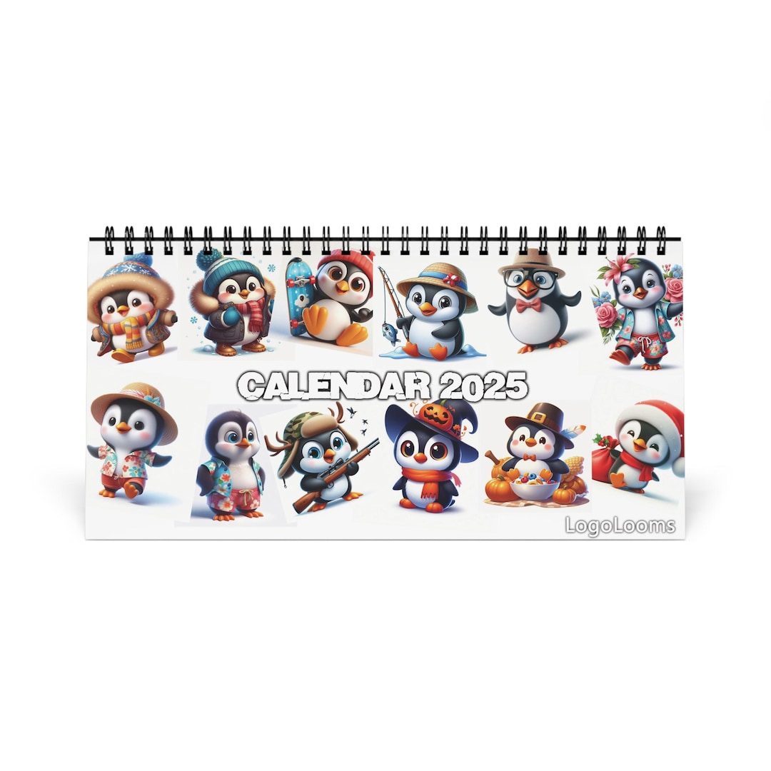 Cute Penguin Desktop Calendar, Funny, 2025, Penguin Cartoon, Cute Desk ...