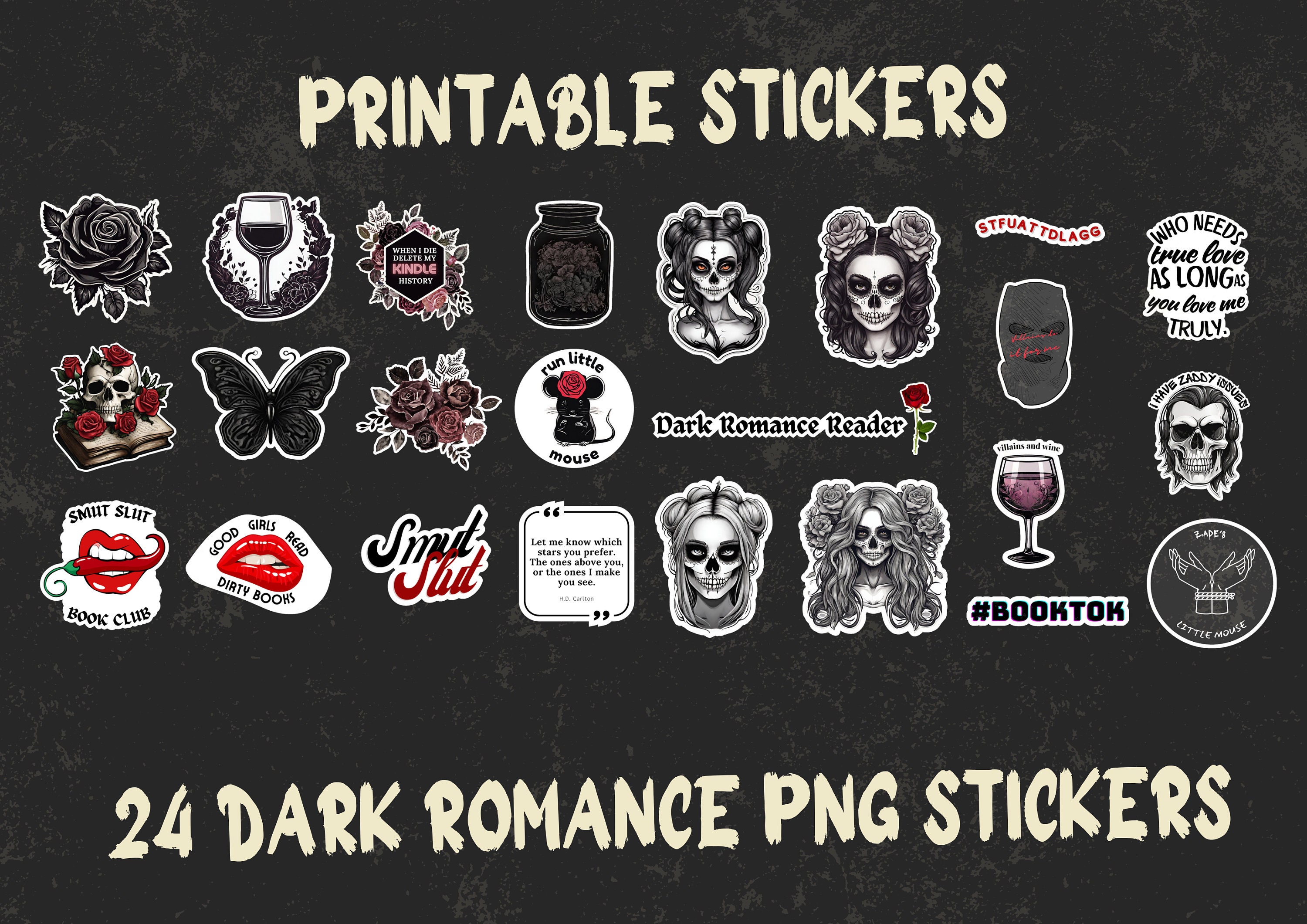 24 Digital Dark Romance Reader Stickers, Printable Dark Romance Booktok ...