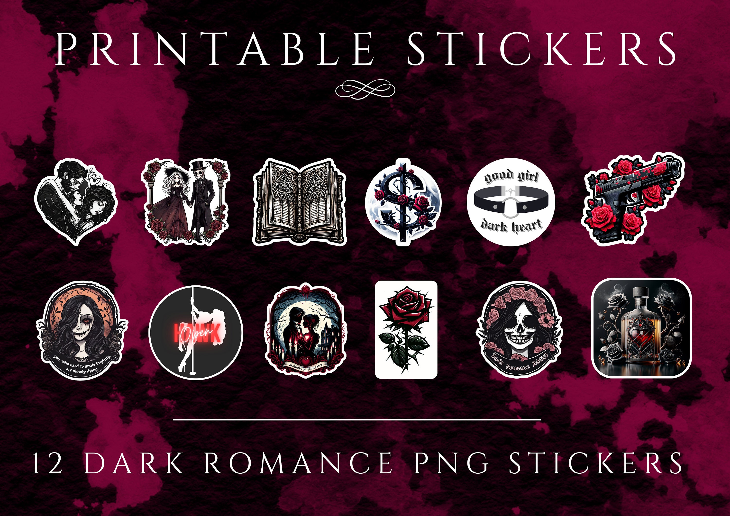 12 Digital Dark Romance Reader Stickers, Printable Dark Romance Booktok ...