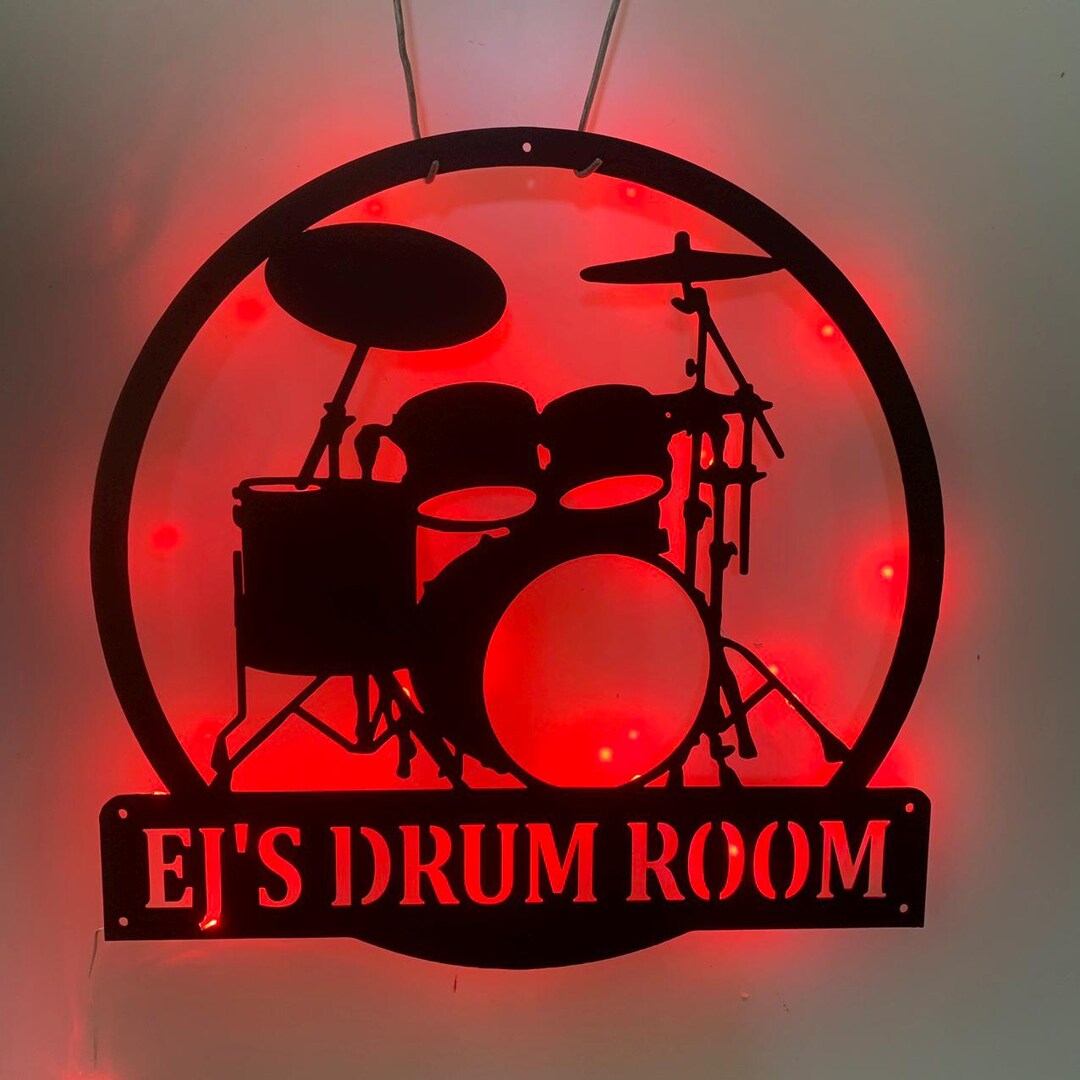 Drum Set Metal Sign Art LED Light, Custom Drum Room Metal Name Sign ...