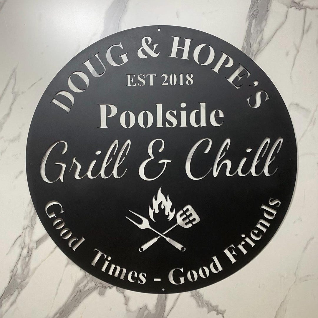 Custom Grill Chill Poolside Backyard Metal Sign, Personalized Home Bar ...