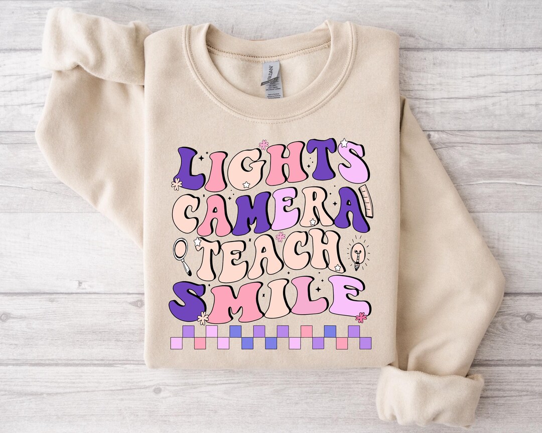 Lights Camera Teach Smile Shirt Png, Groovy Teacher Svg, Funny Teacher ...