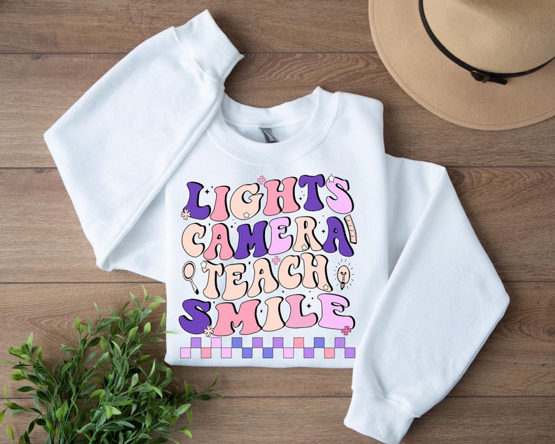Lights Camera Teach Smile Shirt Png, Groovy Teacher Svg, Funny Teacher ...