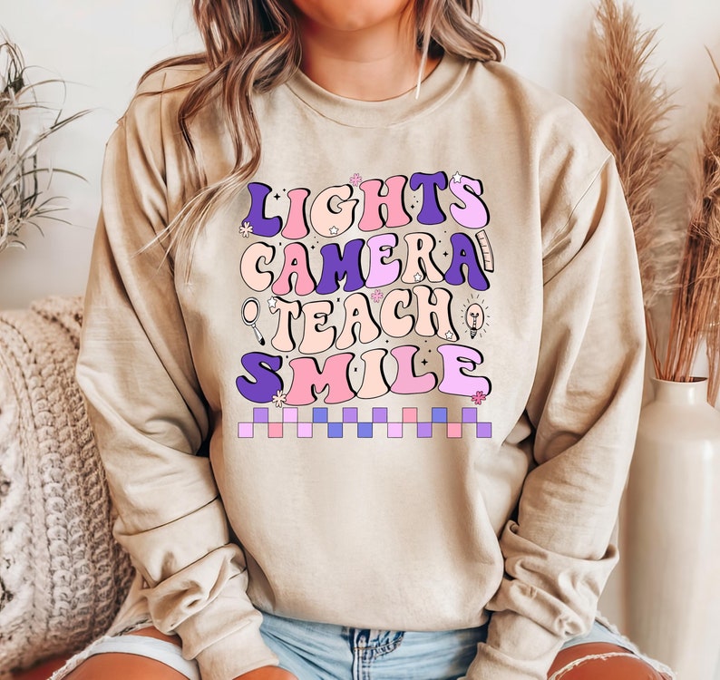 Lights Camera Teach Smile Shirt Png, Groovy Teacher Svg, Funny Teacher ...