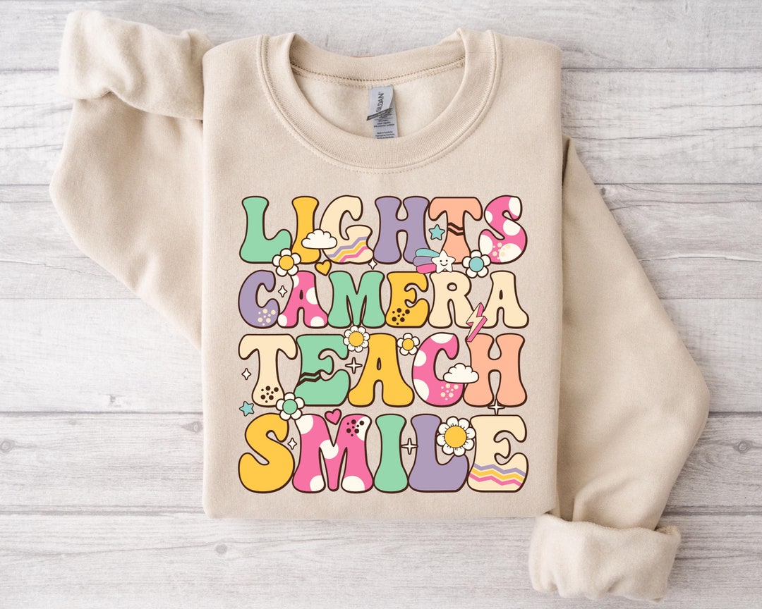 Lights Camera Teach Smile Shirt Png, Groovy Teacher Svg, Funny Teacher ...