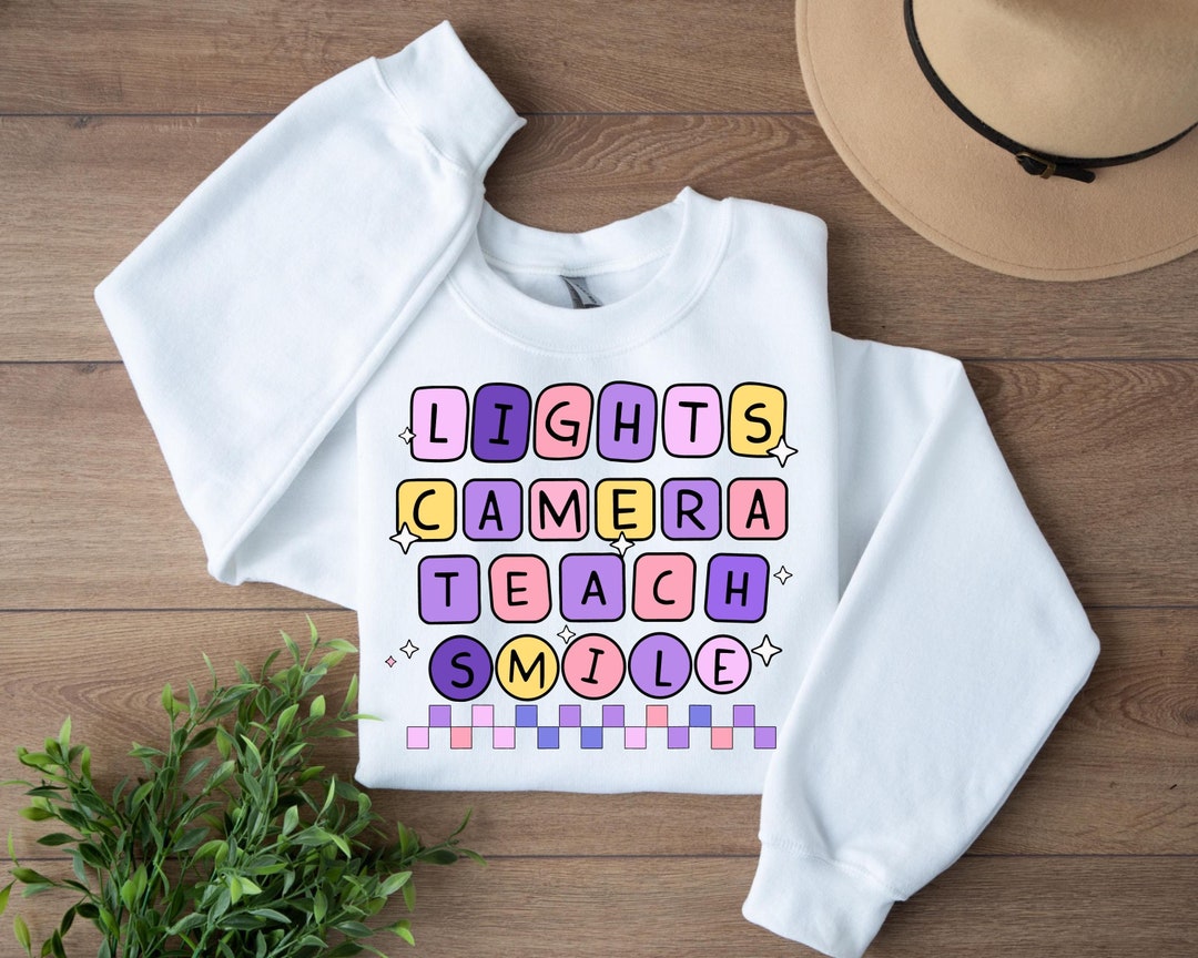Lights Camera Teach Smile Shirt Png, Groovy Teacher Svg, Funny Teacher ...