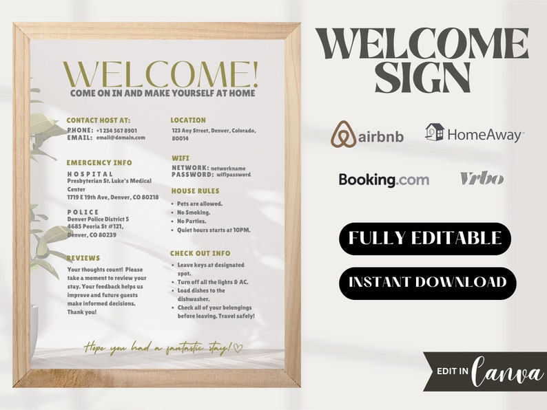Airbnb Welcome Sign Editable Airbnb Canva Template Vacation STR ...