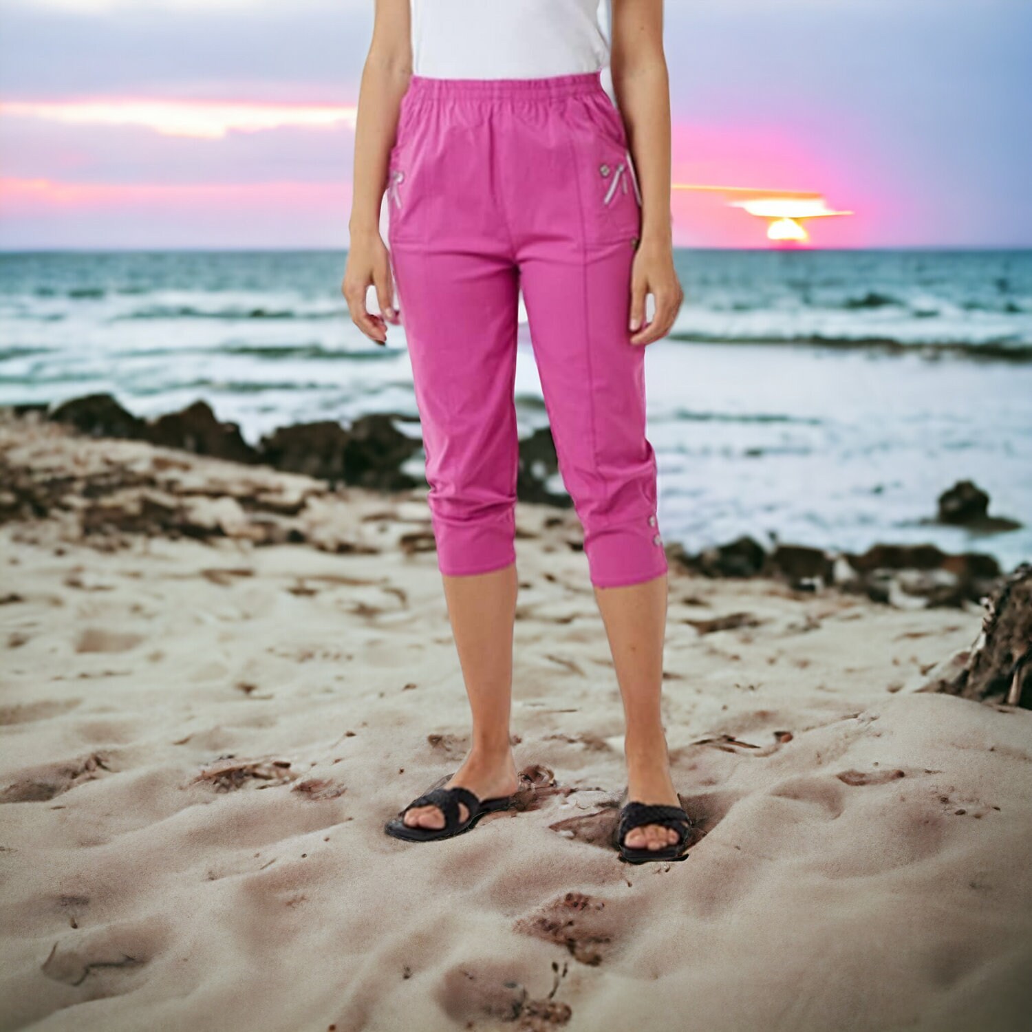Womens Cherry Berry Capri Trousers, Ladies Three Quarter Pants, Stretch ...