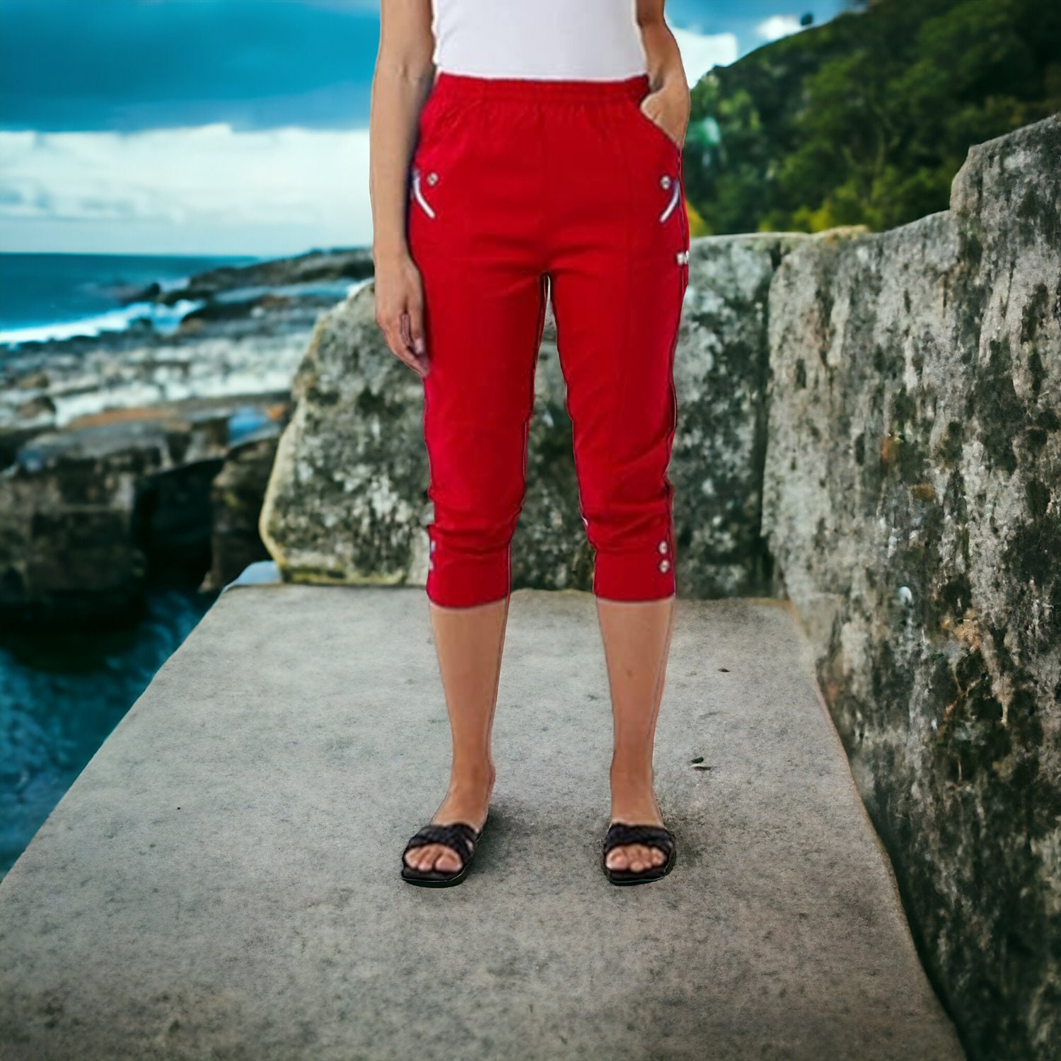 Womens Cherry Berry Capri Trousers, Ladies Three Quarter Pants, Stretch ...