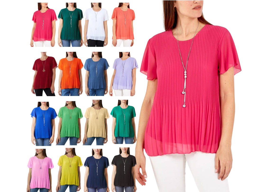 Women's Chiffon Lined Pleated Top With Necklace Blouse, Ladies Summer ...