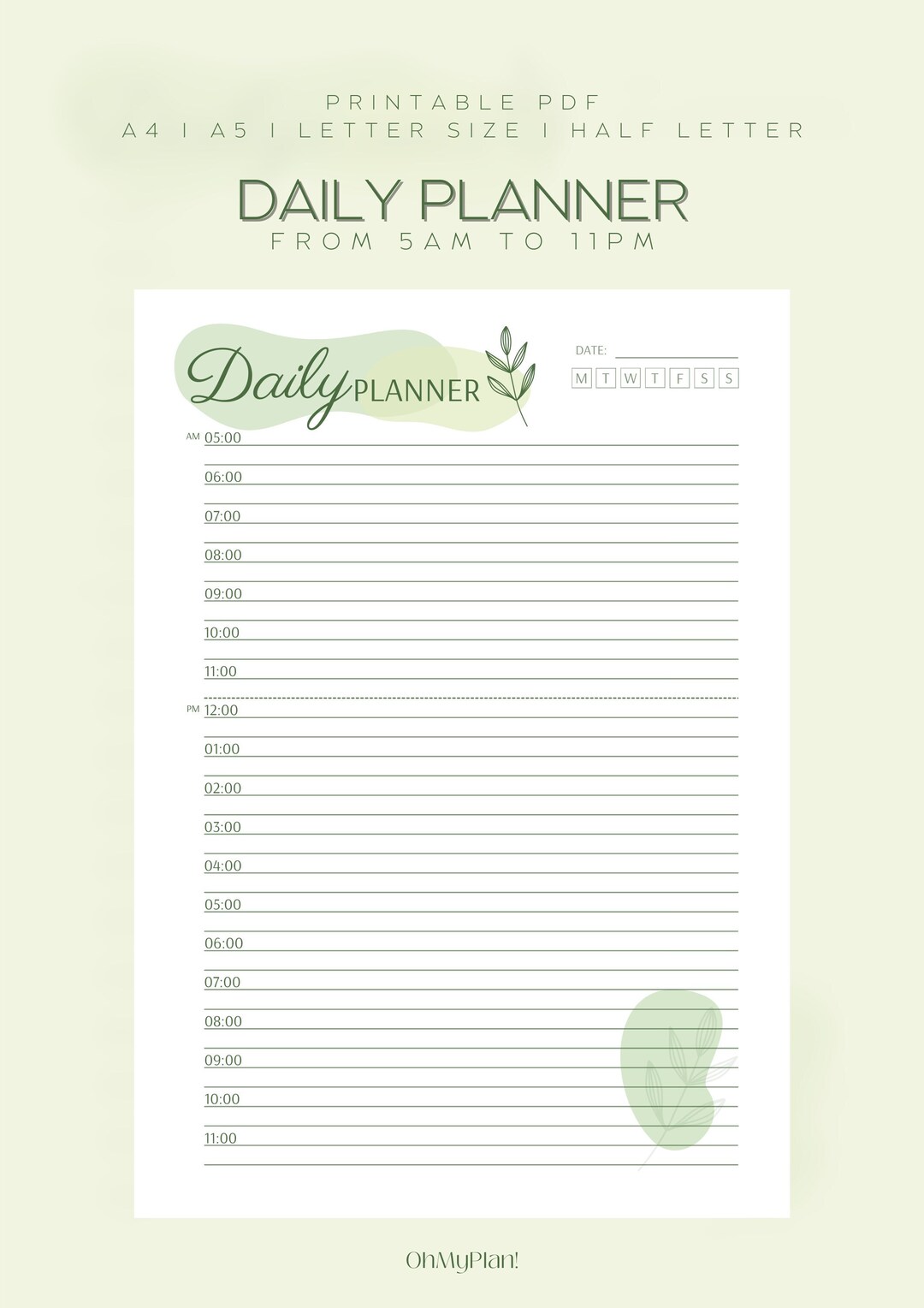 Printable Hourly Daily Planner 5AM - 11PM Undated, Monday and Sunday ...