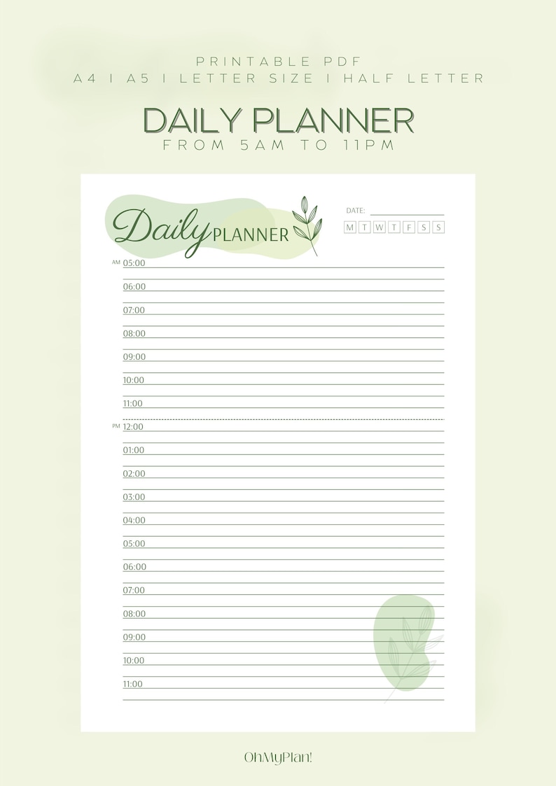 Printable Hourly Daily Planner 5AM - 11PM Undated, Monday and Sunday ...